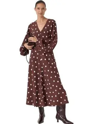 HUSH Grace V-neck Long Sleeve Dress - Polka Dot Brown