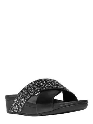 Fitflop Lulu Crystal-mix Metallic Cross Slides - All Black