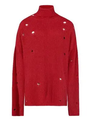PCFG Cashmere Blend High Neck Distressed Sweater - Red