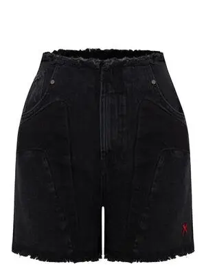 PCFG High Waist Denim Shorts With Frayed Hem - Black