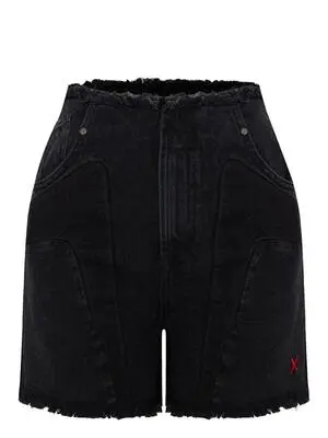 PCFG High Waist Denim Shorts With Frayed Hem - Black