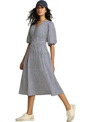 LANDS' END Puff Sleeve Smocked Waist V-neck Dress - Blue/white Stripe