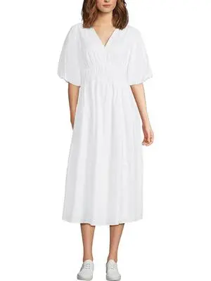 LANDS' END Puff Sleeve Smocked Waist V-neck Dress - White
