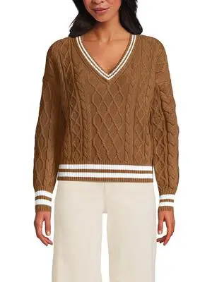 LANDS' END Drifter Cable V-Neck Sweater Canyon Camel/ivory Tipping