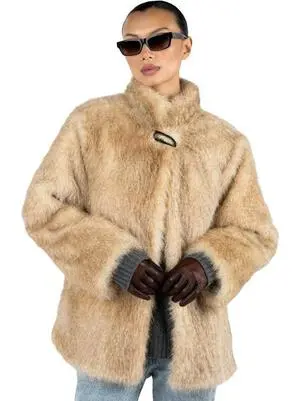 WeWoreWhat Faux Fur Jacket With Toggle Closure - Tan Ivory Multi