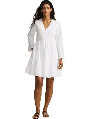 LANDS' END Poplin V-neck Embroidered Dress - White