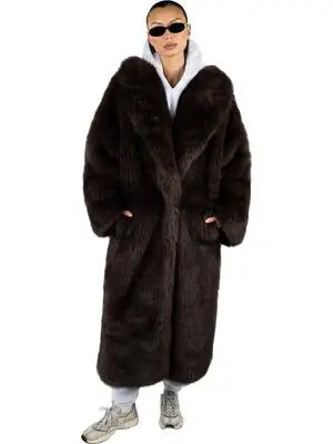 WeWoreWhat Long Faux Fur Jacket - Dark Brown