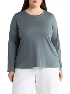 Eileen Fisher Long Sleeve Cotton Crewneck Top - Eucalyptus