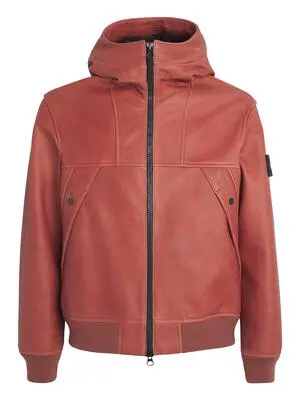 Stone Island Hooded Leather Jacket - Red