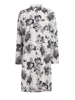 Eskandar Silk Floral Longline Shirt - Grey