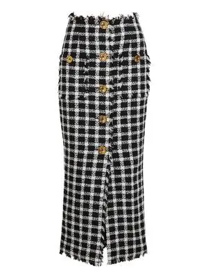 Balmain Checked Tweed Midi Skirt - Black And White