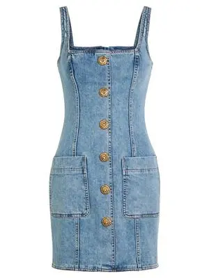 Balmain Button-embellished Stretch-denim Mini Dress - Light Blue