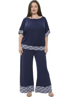24SEVEN COMFORT APPAREL Boat Neck Dolman Sleeve Top And Wide Leg Pant Set - Navy
