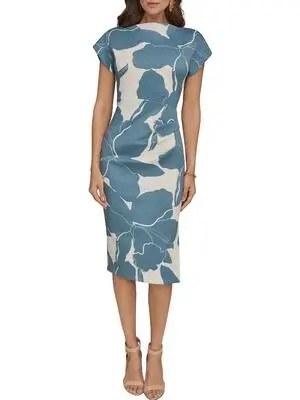 Donna Karan New York Floral Print Sheath Dress - Washed Indgo/cream