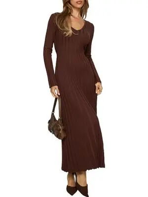 Princess Polly Gratuita Long Sleeve Rib Maxi Sweater Dress - Chocolate