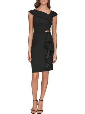 Donna Karan New York Buckle Detail Asymmetric Neck Sheath Dress - Black