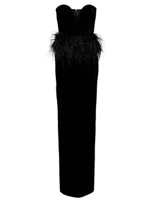 THE NEW ARRIVALS ILKYAZ OZEL Feather-trimmed Strapless Velvet Gown - Black