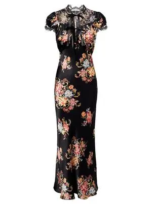 RODARTE Floral Lace-trimmed Silk Midi Dress - Black