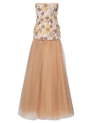 Costarellos Theia Floral-appliqué Sequined Tulle Gown - Beige