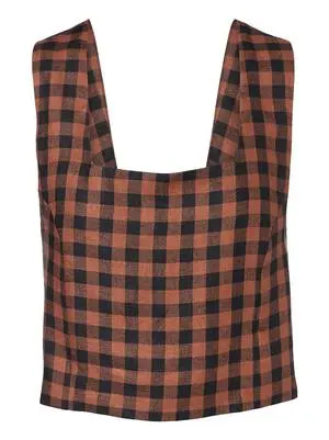 Asceno Checked Linen Top - Brown