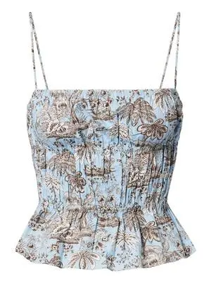 Staud Floral Ruched Cotton Top - Blue