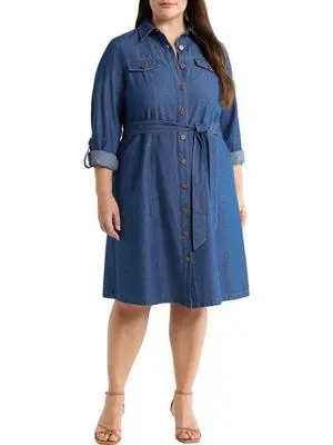 Jones New York Denim Tie Waist Midi Shirt Dress - Aries Wash