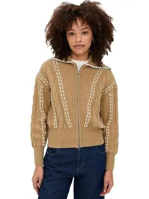 Rails Lune Zip-up Cable Knit Sweater - Camel Ivory Blanket Stitch