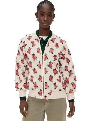 The Great. Zip Front Floral Plush Bomber Jacket - Cream Rose