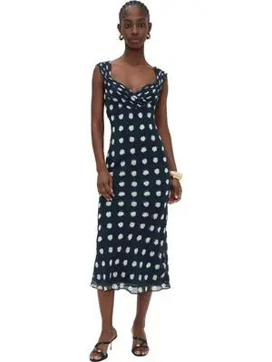 Cult Gaia Eliseo Silk Midi Dress - Small Dot Deep Lake
