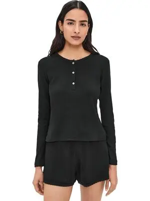 LESET Pointelle Henley Top - Black