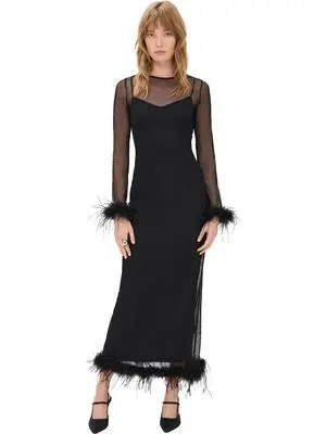 NEVER FULLY DRESSED Mesh Feather Trim Maxi Dress - Black
