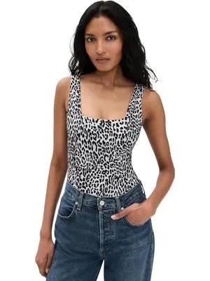 Good American Weightless Scuba Modern Tank Thong Bodysuit - Black And Grey Leopard