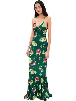 Norma Kamali Low Back Slip Fishtail Gown - Floral Green Multi