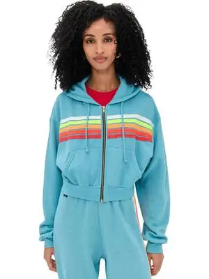 Aviator Nation 5 Stripe Cropped Zip Hoodie - Aquamarine/white Neon