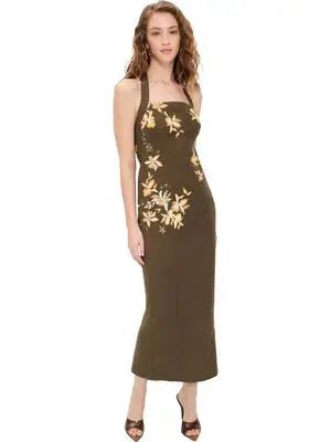 Hemant & Nandita Halter Floral Embroidered Maxi Dress - Brown