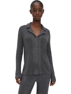 Barefoot Dreams Metallic Ribbed Knit Button-front Shirt - Carbon