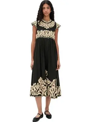 Sea Alexandra Embroidery Cap Sleeve Midi Dress - Black