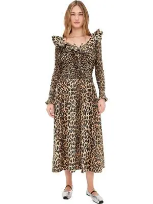 DAMSON MADDER Harper Shirred Midi Dress - Leopard