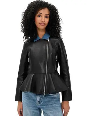 L'Agence Lyric Peplum Biker Jacket - Black/denim Blue