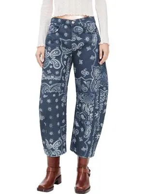 Free People Good Luck Printed Barrel Jeans - Navy Bandana