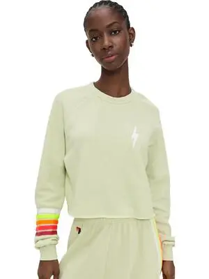Aviator Nation Bolt Rugby Stitch Cropped Crew Sweatshirt - Lime Cream/white Neon