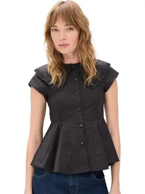 GANNI Stretch Cotton Peter Pan Collar Shirt - Black