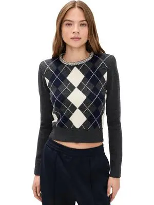 SELF-PORTRAIT Argyle Pattern Sweater With Crystal Embellished Collar - Grey