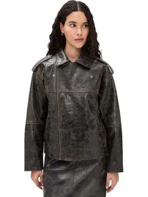 THE GARMENT Margo Leather Biker Jacket - Brown Crunch Effect