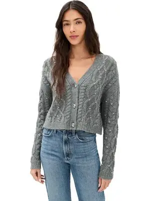 LE BOP Cable Knit Rhinestone Button Cardigan - Charcoal