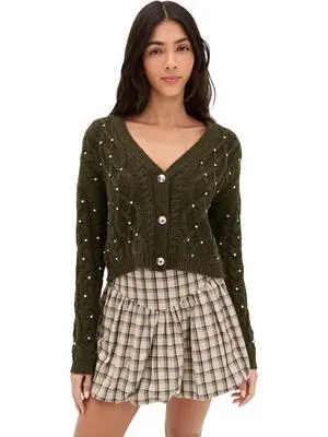 LE BOP Cable Knit Rhinestone Button Cardigan - Pine