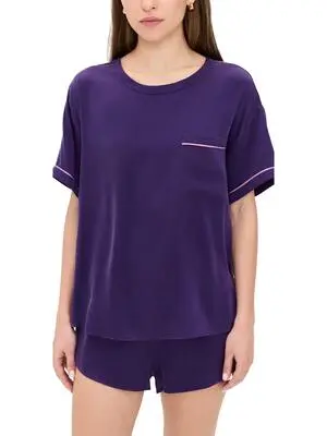 Lunya Washable Silk Piped Tee Shorts Set - Flying Fig/lilac Haze