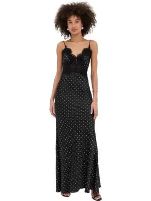 SELF-PORTRAIT Polka Dot Satin Lace Maxi Dress - Black And White