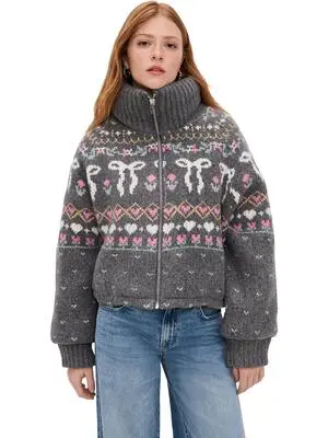 Blanknyc Bow Fair Isle Zip-up Sweater - Grey Combo