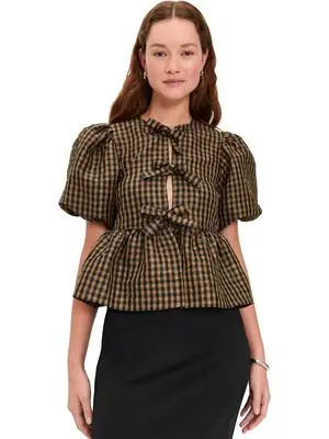 GANNI Crinkled Taffeta Check Peplum Blouse - Tobacco Brown